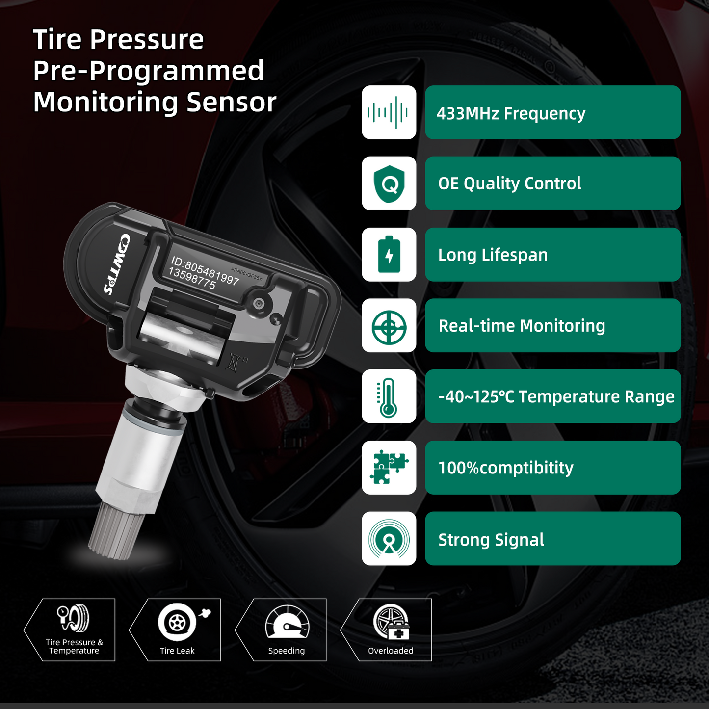 CDWTPS TPMS Sensor, 433MHZ Tire Pressure Monitoring System 4-Pack for