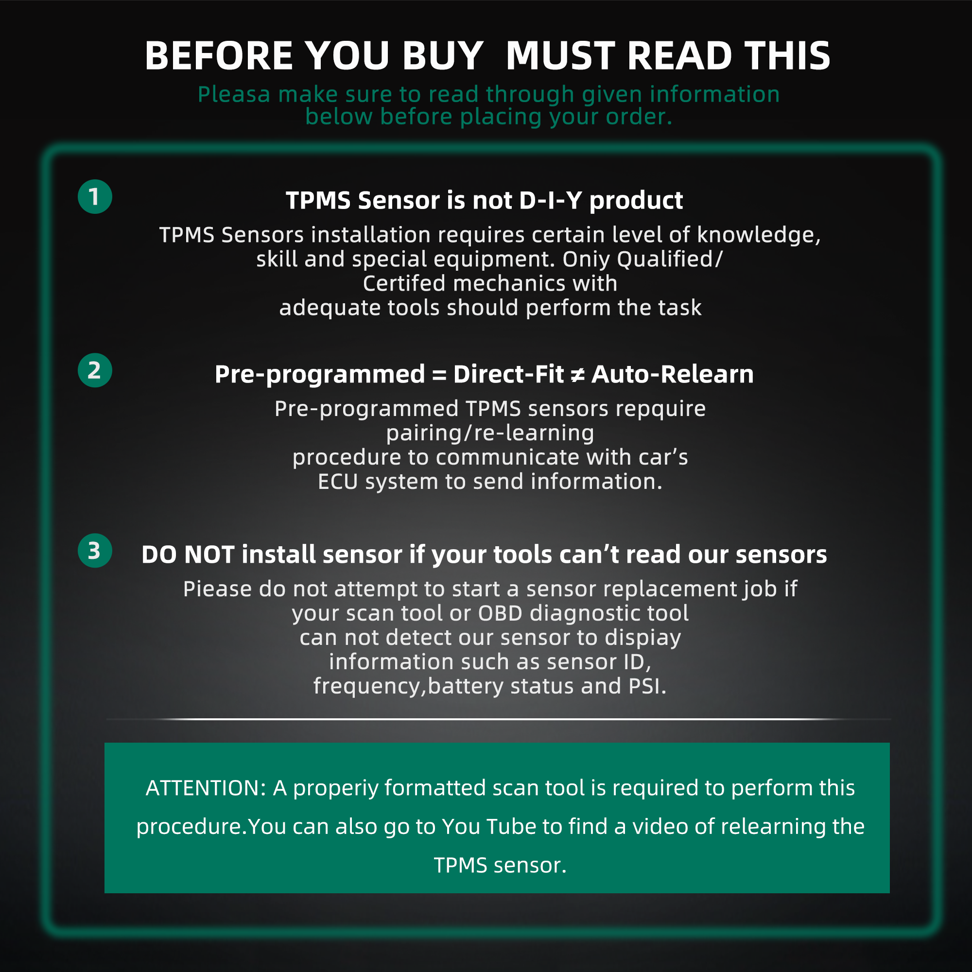 CDWTPS TPMS Sensor, 433MHZ Tire Pressure Monitoring System 4-Pack for