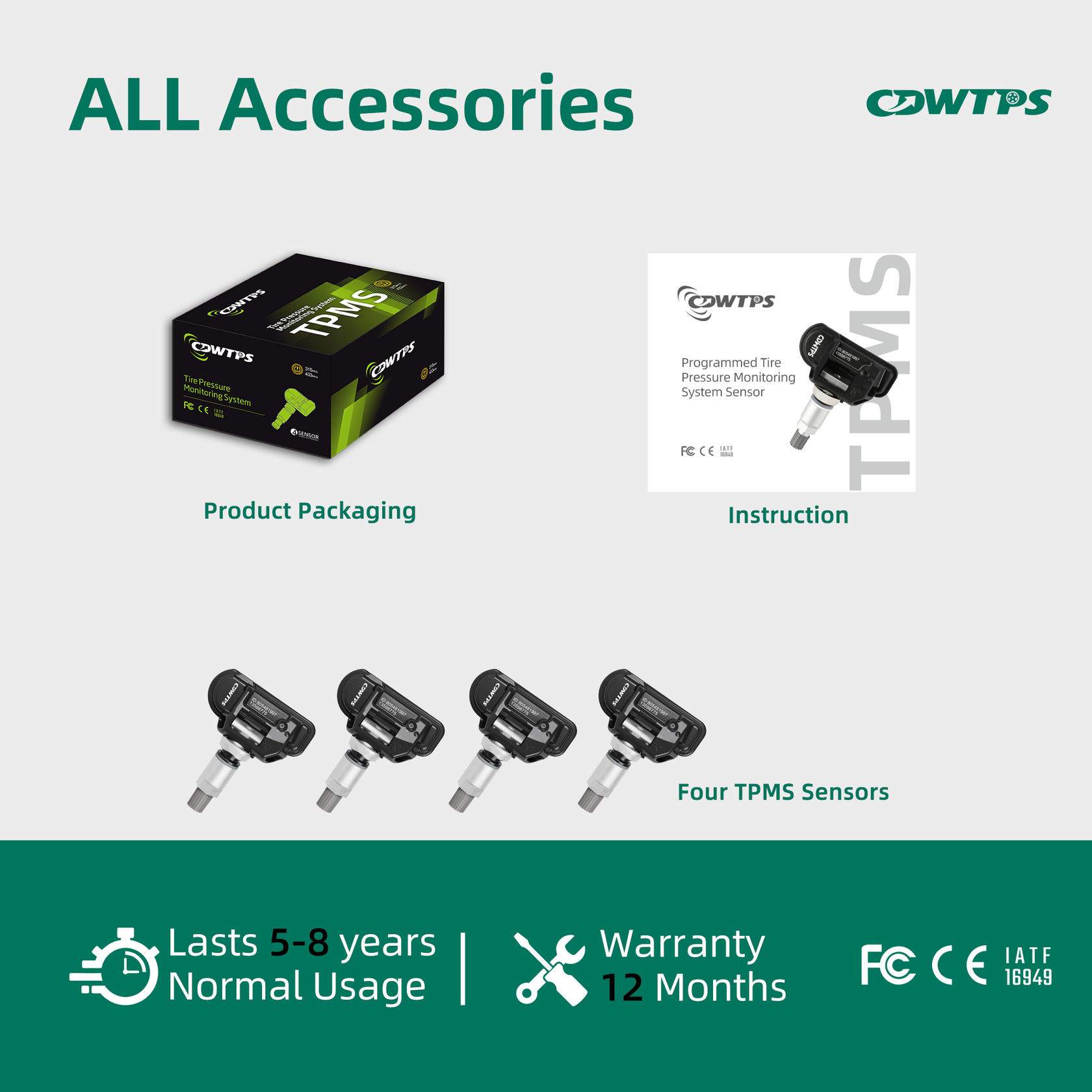 CDWTPS TPMS Sensor, 433MHZ Tire Pressure Monitoring System 4-Pack for